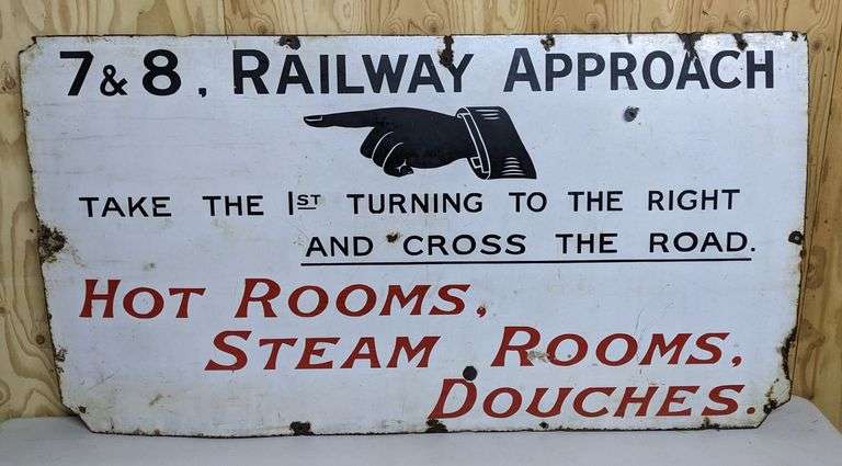 PORCELAIN SIGN 7&8 RAILWAY APPROACH HOT ROOMS STEAM ROOMS DOUCHES ...