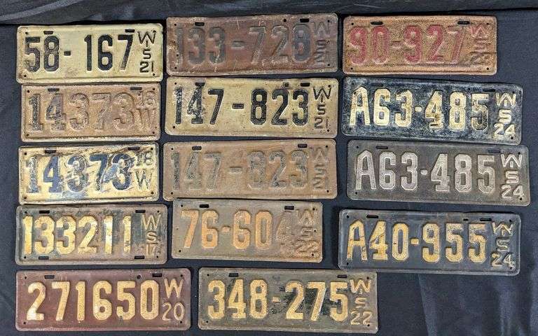 14 WISCONSIN WI WIS LICENSE PLATES 1917 1918 1920 1921 1922 1923 1924 ...