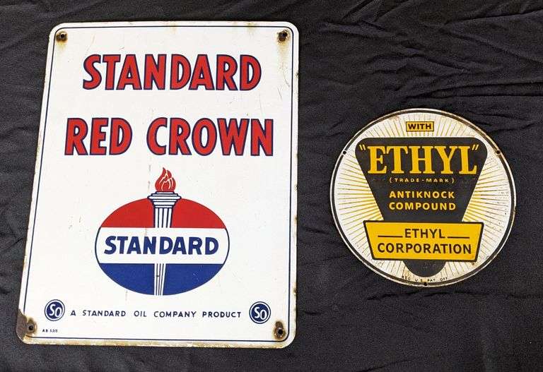 PORCELAIN GAS PUMP SIGNS ETHYL & STANDARD RED CROWN GASOLINE - Millers ...