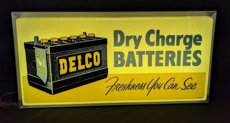 DELCO DRY CHARGE BATTERIES LIGHTED SIGN - Millers Auction Co.