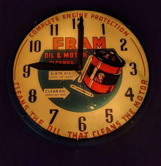 FRAM OIL & MOTOR CLEANER FILTER CLOCK - Millers Auction Co.