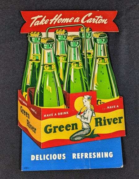 TAKE HOME A CARTON OF GREEN RIVER CARDSTOCK SODA SIGN - Millers Auction Co.