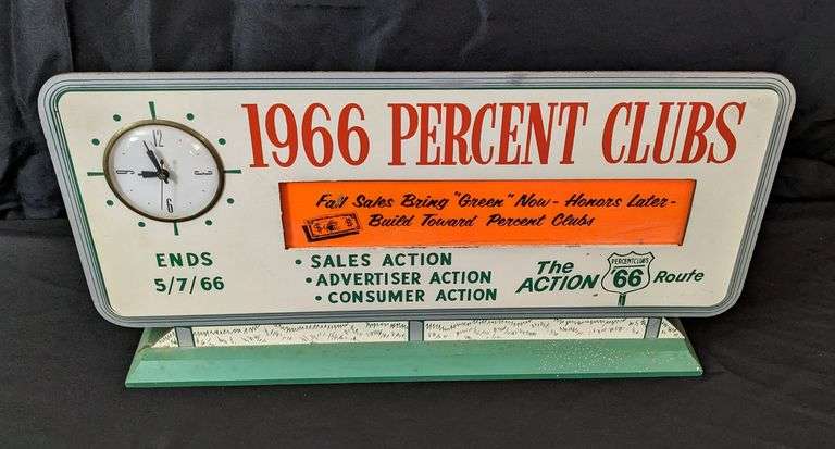 1966 PERCENT CLUBS BILLBOARD ADVERTISING CLOCK SIGN - Millers Auction Co.