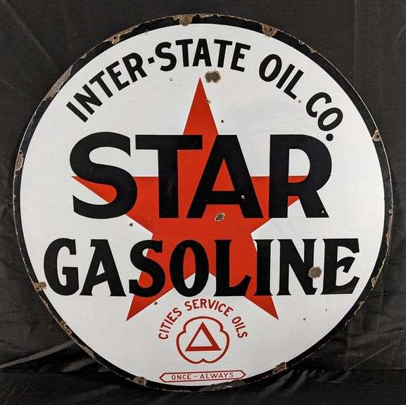 RARE- PORCELAIN SIGN INTER-STATE OIL CO STAR GASOLINE CITIES SERVICE ...