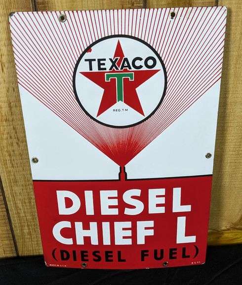 PORCELAIN GAS PUMP SIGN TEXACO DIESEL CHIEF - Millers Auction Co.