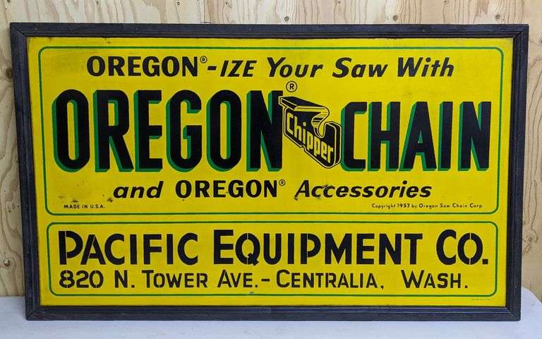 NOS TIN SIGN 1953 OREGON CHIPPER CHAINSAW CHAIN CENTRALIA WASHINGTON ...