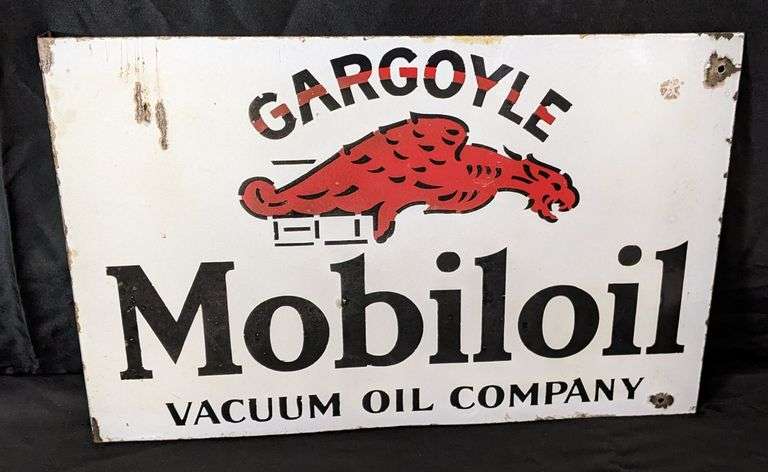 PORCELAIN FLANGE SIGN GARGOYLE MOBILOIL - Millers Auction Co.