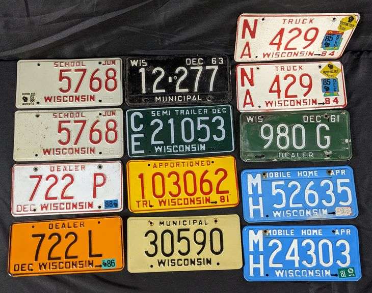 13 ASSORTED WISCONSIN LICENSE PLATES DEALER MUNICIPAL MOBILE HOME ...