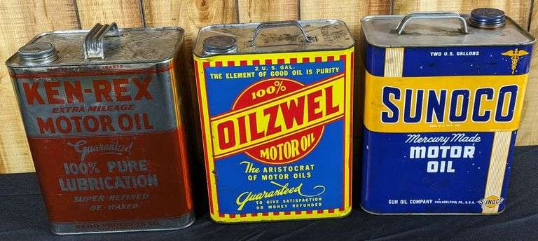 THREE 2 GAL OIL CANS SUNOCO OILZWELL KEN-REX - Millers Auction Co.