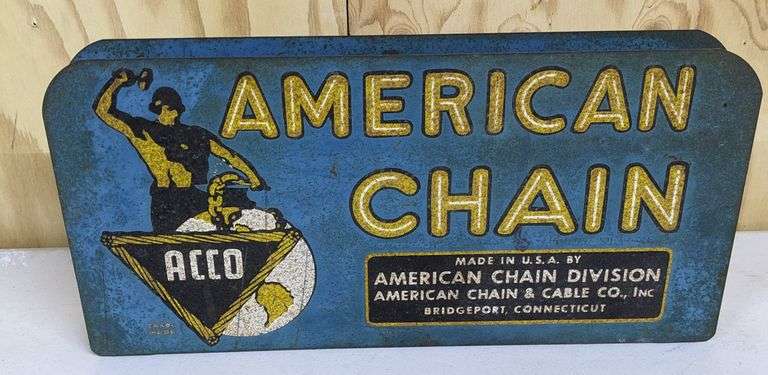 AMERICAN CHAIN ACCO TIN SIGN DOUBLE SIDED - Millers Auction Co.