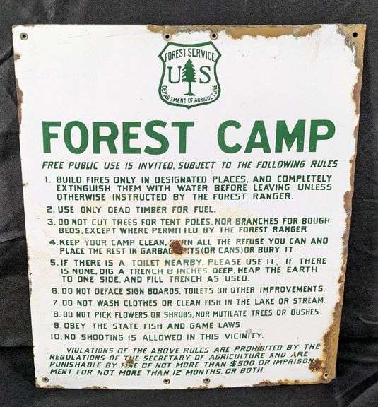 PORCELAIN SIGN US FOREST SERVICE FOREST CAMP - Millers Auction Co.