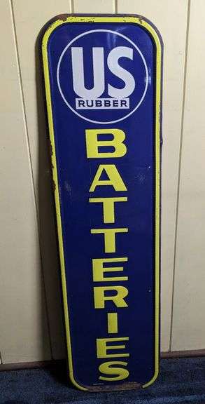 EMBOSSED TIN SIGN US RUBBER BATTERIES - Millers Auction Co.