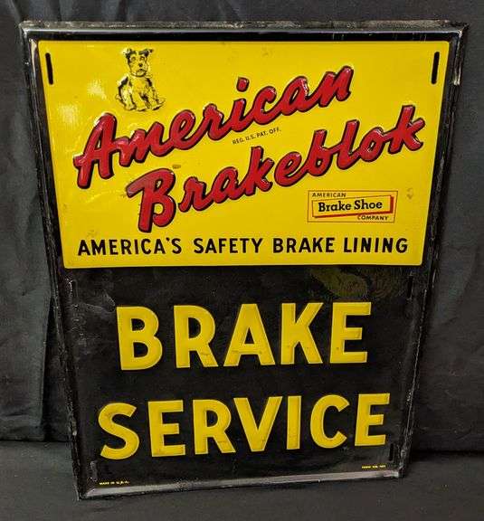 EMBOSSED TIN SIGN AMERICAN BRAKEBLOK BRAKE SERVICE - Millers Auction Co.