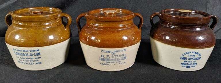 3 RED WING STONEWARE ADVERTISING BEAN POTS FOUNTAIN CITY BEAR VALLEY ...