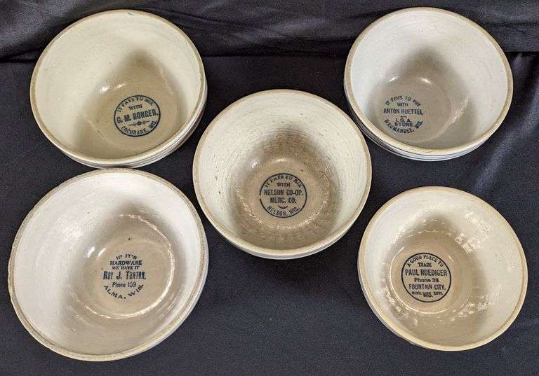 5 RED WING STONEWARE ADVERTISING BOWLS FOUNTAIN CITY ALMA NELSON ...