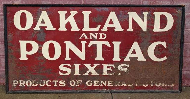 LARGE 96X48" TIN SIGN OAKLAND AND PONTIAC SIXES A GENERAL MOTORS ...
