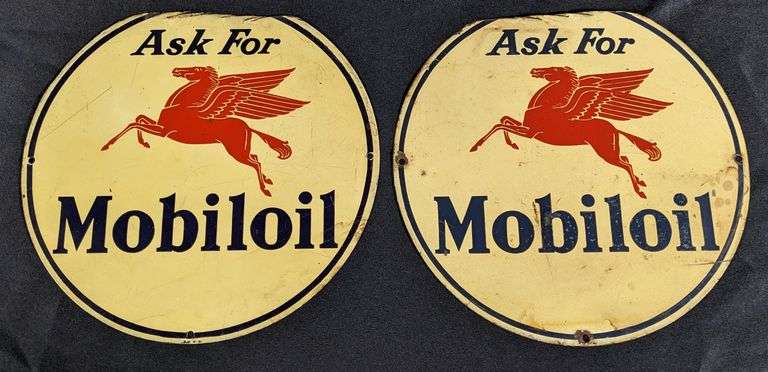 2 TIN GAS PUMP SIGNS MOBIL MOBILOIL (THESE ARE CUT DOWN) - Millers ...