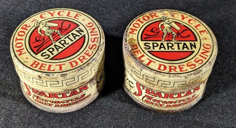 PAIR SPARTAN MOTOR CYCLE BELT DRESSING TIN CANS MOTORCYCLE - Millers ...