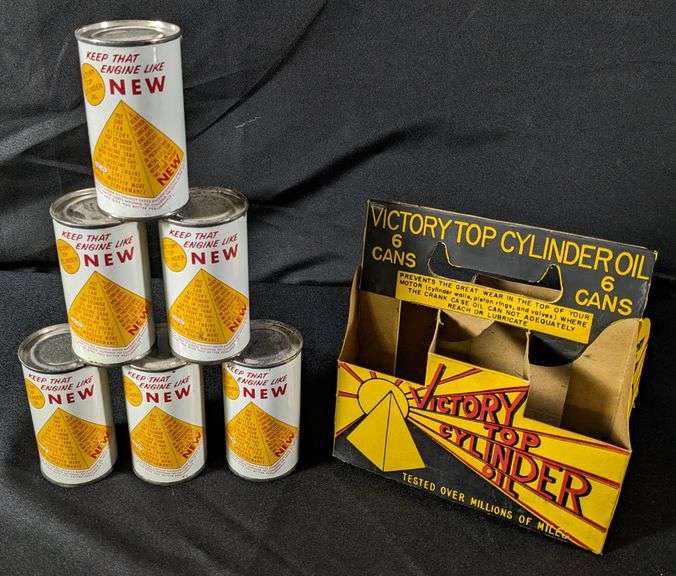 6 PACK OF FULL OIL CANS VICTORY TOP CYLINDER OIL - Millers Auction Co.