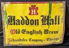 EMBOSSED TIN SIGN SCOENHOFEN CO CHICAGO HADDON HALL OLD ENGLISH BREW ...