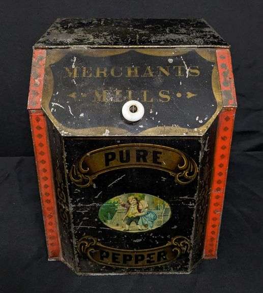 COUNTRY STORE TIN PEPPER SPICE BIN MERCHANTS MILLS - Millers Auction Co.
