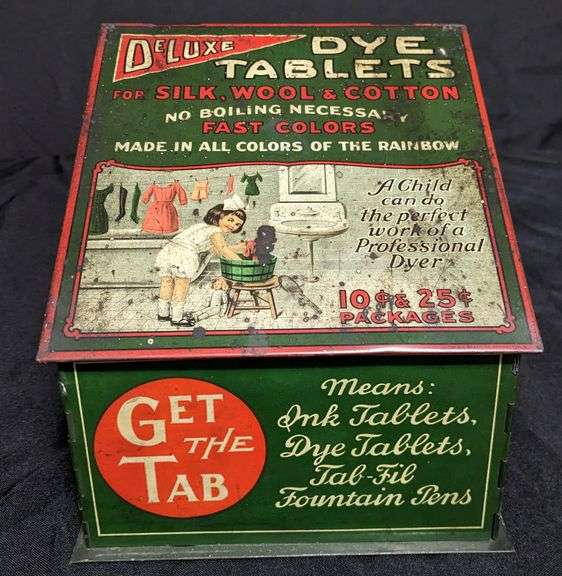 DELUXE DYE TABLETS TIN LITHO STORE DISPLAY - Millers Auction Co.