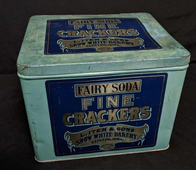 48 OZ TIN BIN FAIRY SODA FINE CRACKERS CLINTON IOWA - Millers Auction Co.