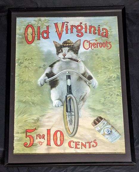 RARE DATED 1896 OLD VIRGINIA CHEROOTS 5 FOR 10¢ CIGARS LITHO SIGN CAT ...