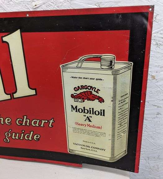 EMBOSSED TIN SIGN GARGOYLE MOBILOIL - Millers Auction Co.