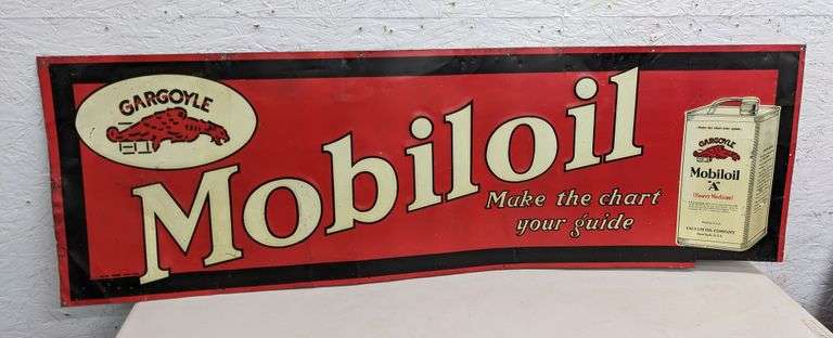 EMBOSSED TIN SIGN GARGOYLE MOBILOIL - Millers Auction Co.