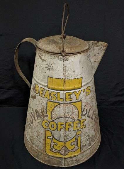 HUGE FIGURAL TIN COFFEE POT TRADE SIGN BEASLEY'S ROYAL BLEND COFFEE ...