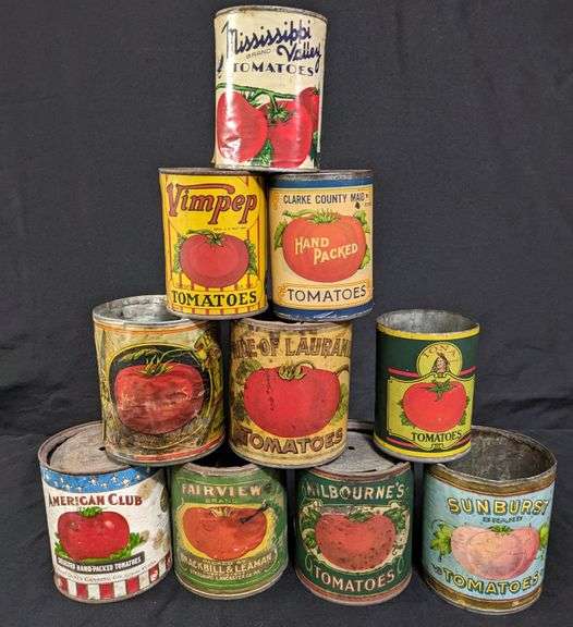 10 PAPER LABEL TIN TOMATOE VEGETABLE CANS - Millers Auction Co.