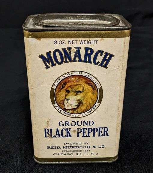 8 OZ PAPER LABEL CARDBOARD SPICE TIN CAN MONARCH GROUND BLACK PEPPER ...