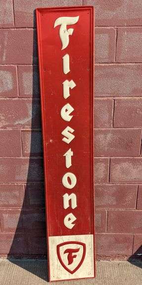 FIRESTONE TIRES EMBOSSED ALUMINUM SIGN - Millers Auction Co.