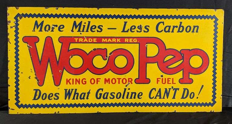 PORCELAIN SIGN WOCO PEP KING OF MOTOR FUEL DOES WHAT GASOLINE CAN'T DO ...