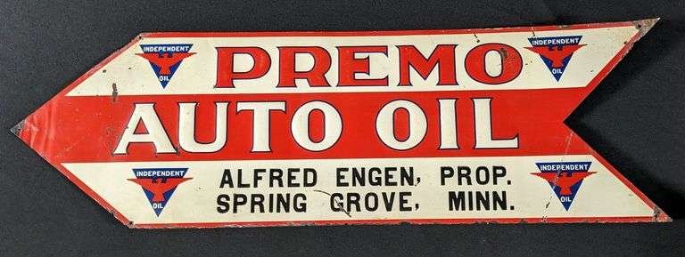 EMBOSSED TIN ARROW SIGN INDEPENDENT PREMO AUTO OIL ALFRED ENGEN PROP ...