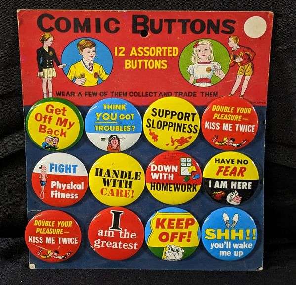 COMIC BUTTONS CARDSTOCK STORE DISPLAY SIGN - Millers Auction Co.