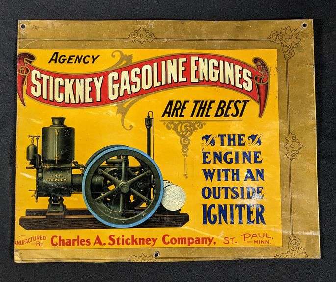 EARLY TIN LITHO SIGN AGENCY STICKNEY GASOLINE ENGINES ST PAUL MINNESOTA ...