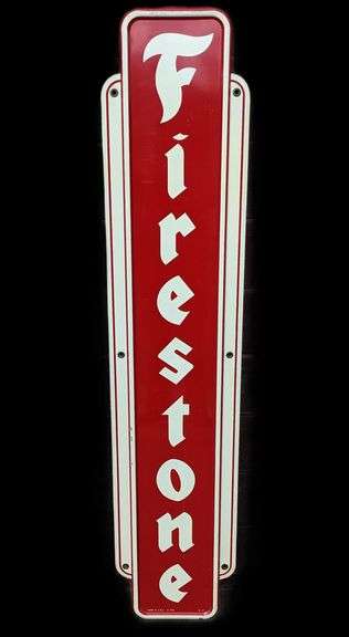 VERTICAL TIN SIGN RED & WHITE FIRESTONE TIRES - Millers Auction Co.