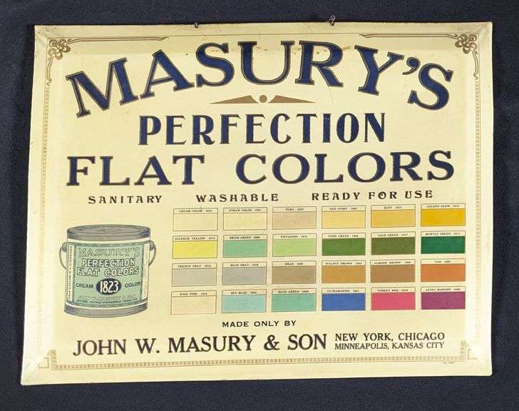 CELLULOID OVER TIN PAINT SAMPLE SIGN MASURY'S PERFECTION FLAT COLORS ...