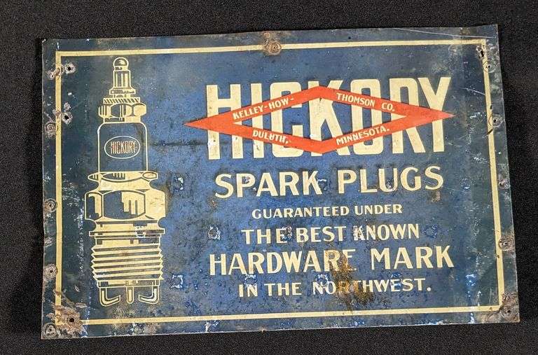 EMBOSSED TIN SIGN KELLY HOW THOMSON CO DULUTH MINNESOTA HICKORY SPARK ...