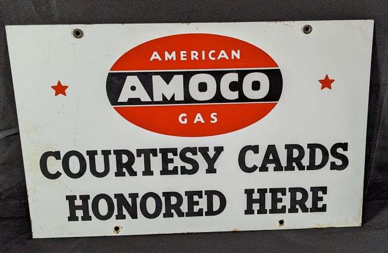 PORCELAIN SIGN AMERICAN GAS AMOCO COURTESY CARDS HONORED HERE (2 SIDED ...