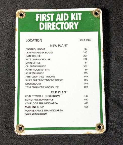 PORCELAIN COAL MINE SIGN FIRST AID KIT DIRECTORY - Millers Auction Co.