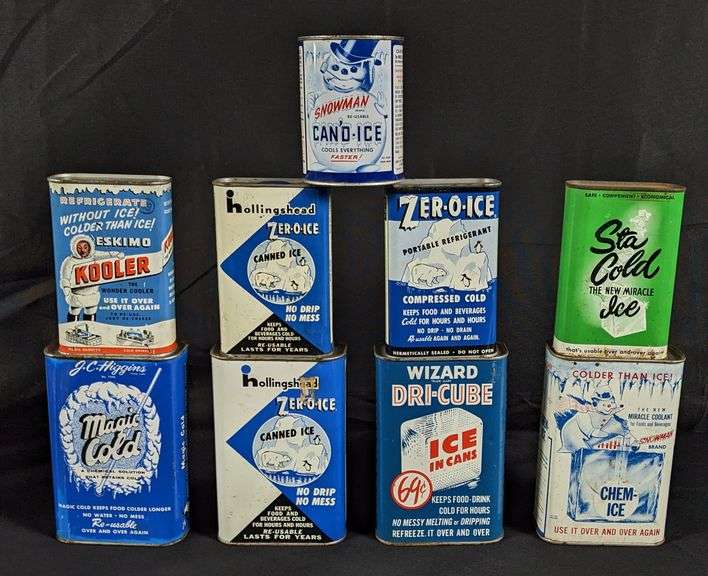 9 VINTAGE CANNED CAN'D ICE TIN CANS SNOWMAN POLAR BEAR ESKIMO PENGUIN ...