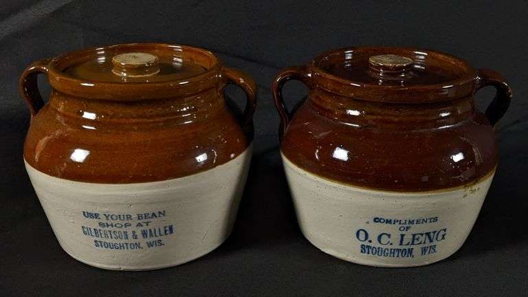 2 RED WING STONEWARE ADVETISING BEAN POTS STOUGHTON WISCONSIN - Millers ...