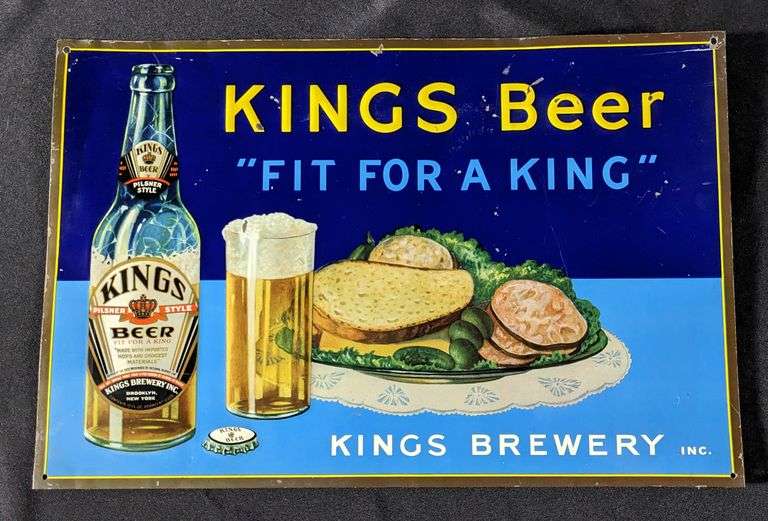 EMBOSSED TIN SIGN KINGS BEER "FIT FOR A KING" BROOKLYN NEW YORK ...