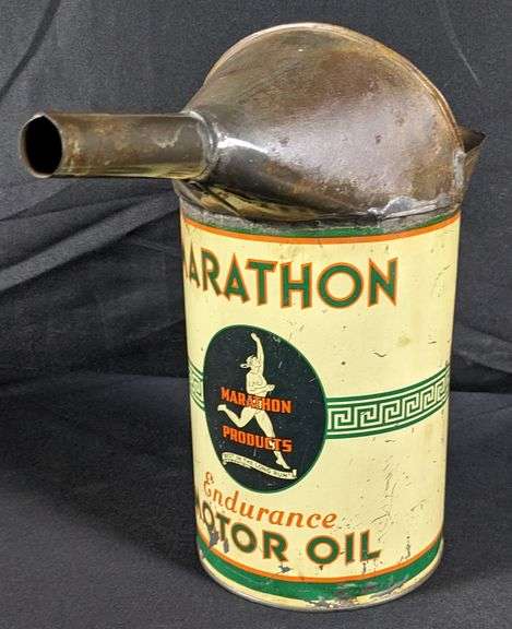 FOLK ART 5 QUART OIL CAN MARATHON ENDURANCE MOTOR OIL - Millers Auction Co.