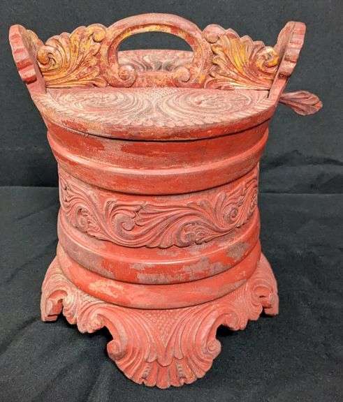 RED PAINT CARVED WOOD NORWEGIAN PORRIDGE CONTAINER - Millers Auction Co.