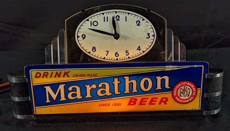 LIGHTED GLASS BACK BAR SIGN DRINK UNION MADE MARATHON BEER SINCE 1881 ...