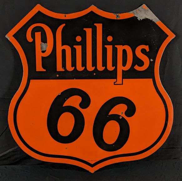 47" PORCELAIN SIGN PHILLIPS 66 GASOLINE (2 SIDED) - Millers Auction Co.